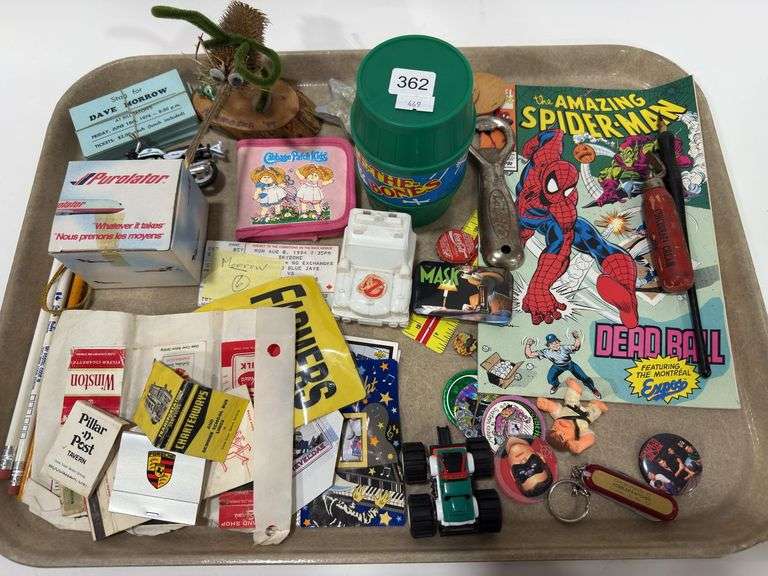 TRAY LOT OF POGS, PATCH, MATCH BOOKS, BOTTLE OPENERS, TOYS AND COMIC ...