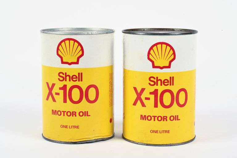 TWO SHELL X-100 MOTOR OIL LITRE FIBRE CANS - Shackelton Auctions Inc.