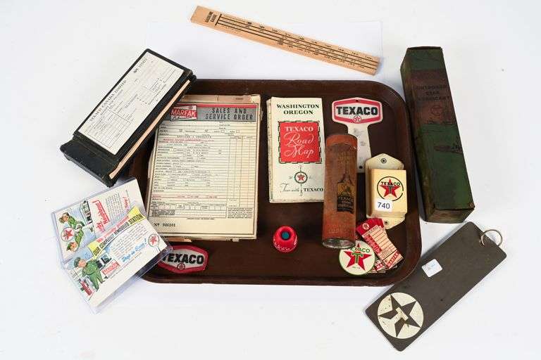 GROUP OF ASSORTED TEXACO OIL CHANGE TAGS AND HOLDER, RULER, KEY TAGS ...
