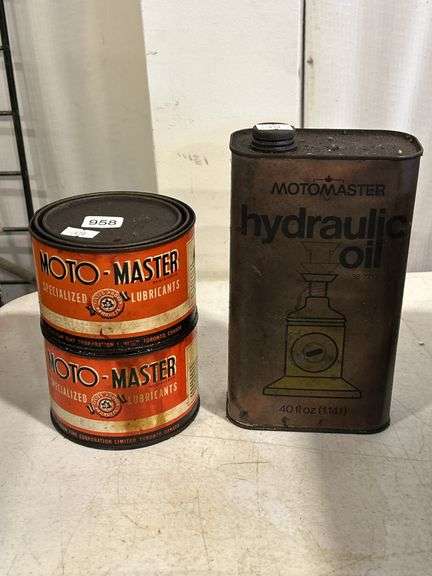 2 CTC MOTO-MASTER GREASE POUND CANS & HYDRAULIC OIL 40 OZ. PAPER LABEL ...