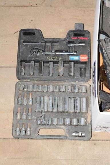 Box of Assorted Tools - Skil Saw, Socket Set, - Shackelton Auctions Inc.
