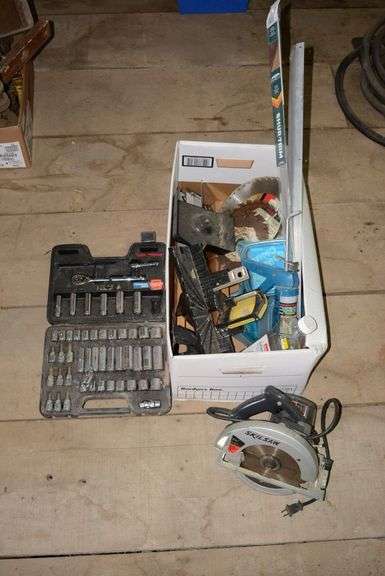 Box of Assorted Tools - Skil Saw, Socket Set, - Shackelton Auctions Inc.