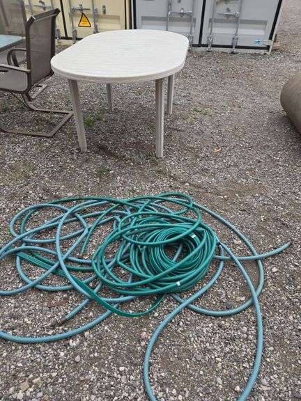 PLASTIC PATIO TABLE - 38" X 62" X 29" & GARDEN HOSE - Shackelton ...