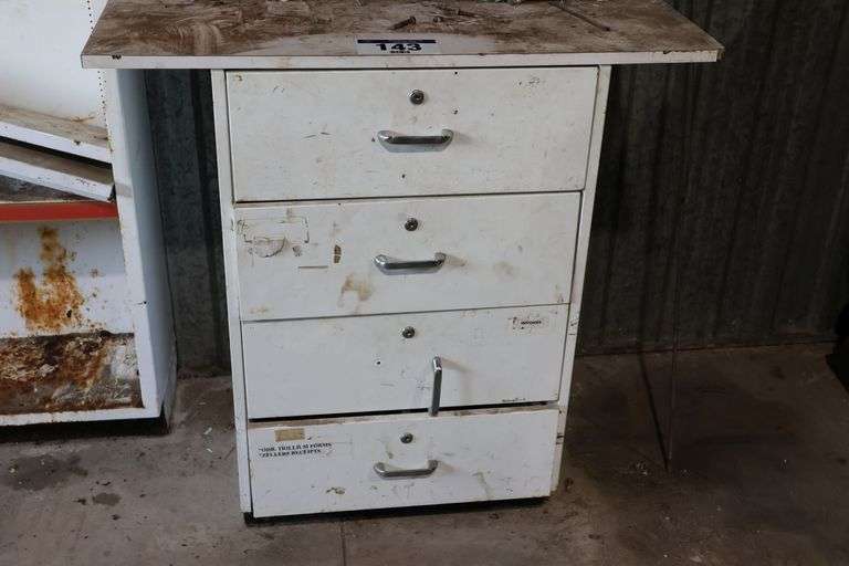 4 DRAWER METAL STORAGE TABLE WITH CONTENTS - Shackelton Auctions Inc.