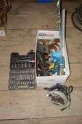 Box of Assorted Tools - Skil Saw, Socket Set, - Shackelton Auctions Inc.
