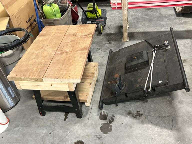 HOMEMADE STAND WITH TABLETOP AND 4" BENCH VISE - Shackelton Auctions Inc.