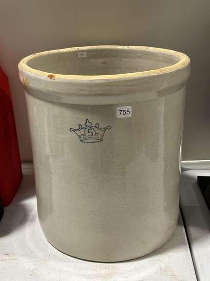 GLAZED STONEWARE 5 GALLON CROWN CROCK - CRACKED - Shackelton Auctions Inc.