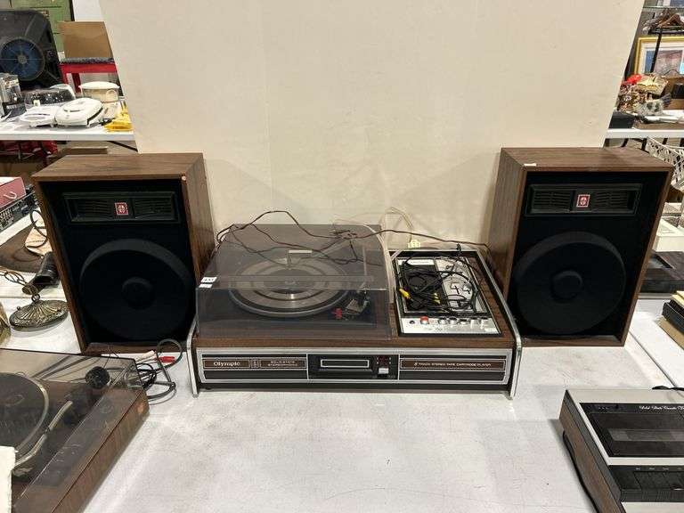 OLYMPIC MUSIC SYSTEM WITH RECORD PLAYER AND 8 TRACK CARTRIDGE PLAYER ...