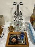 FRAMED LABATT'S MIRROR SIGN, ASSORTED GLASSWARE AND LIQUOR DISPENSER ...
