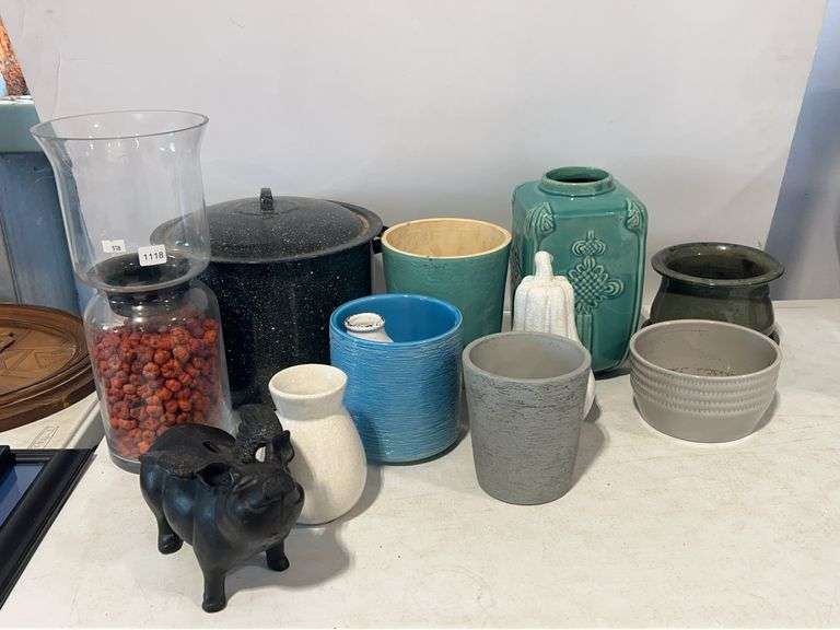 GROUP OF CERAMIC AND GLASS PLANT POTS CAST PIGGY BANK AND ENAMEL ...