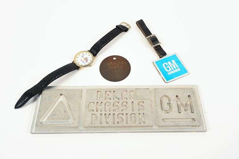 GM DELCO CHASSIS DIVISION PLAQUE, GM TAG, AC DELCO WRIST WATCH AND TANK ...