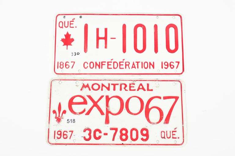 1967 MONTREAL EXPO QUEBEC LICENSE PLATE AND 1967 CONFEDERATION QUEBEC ...