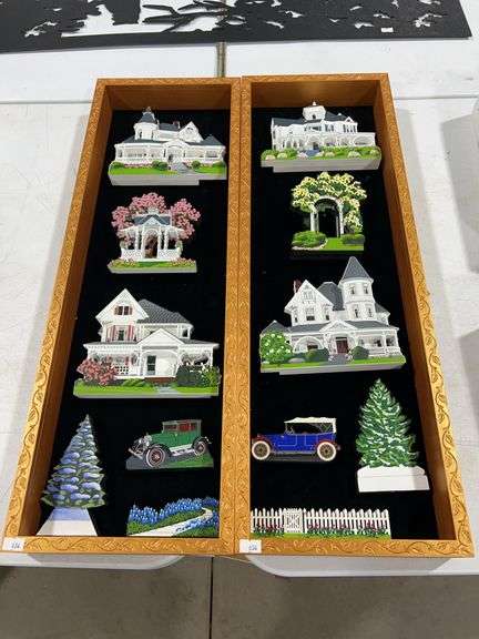 GROUP OF SHEILA THOMPSON CUSTOM WOODEN HOUSES OF AMERICAN STATES WITH ...