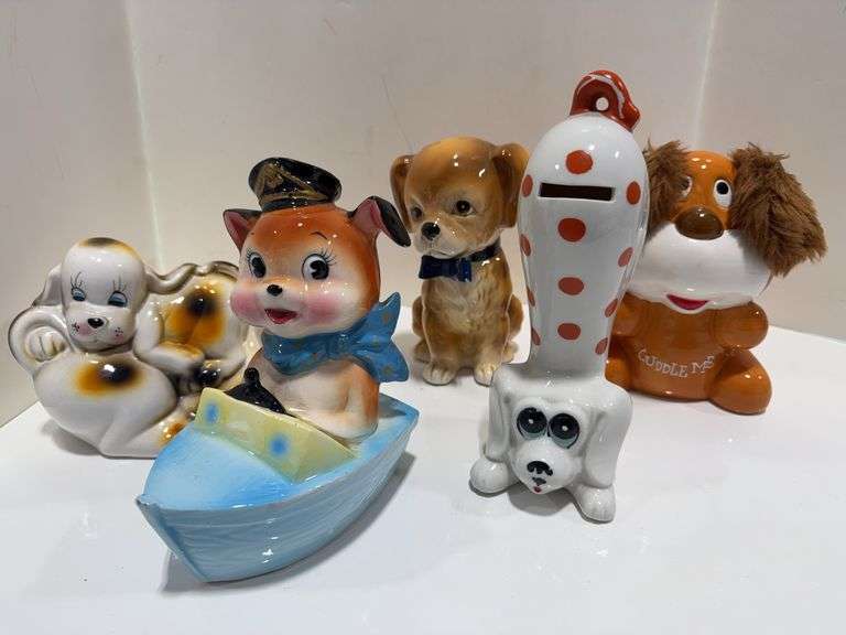 FIVE CERAMIC DOG COIN BANKS - Shackelton Auctions Inc.