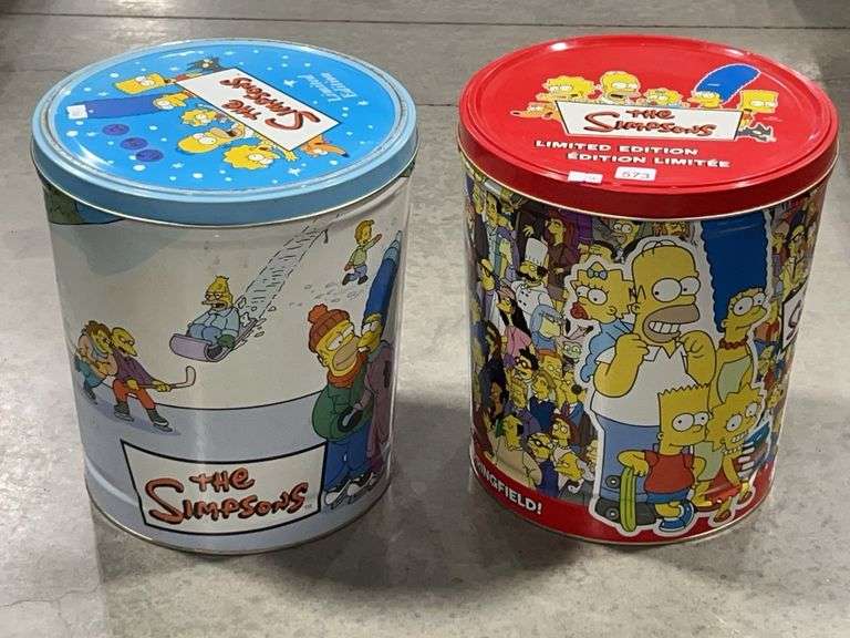 TWO SIMPSONS METAL POPCORN TINS - Shackelton Auctions Inc.