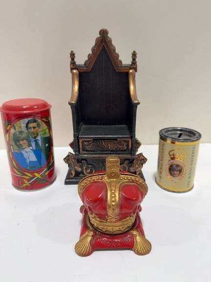 CAST THRONE AND CROWN BANKS, TWO TIN CHARLES & DIANA BANKS - Shackelton ...