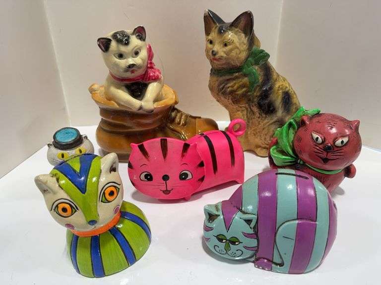 SEVEN CHALKWARE CAT COIN BANKS - 4" TO 10" - Shackelton Auctions Inc.