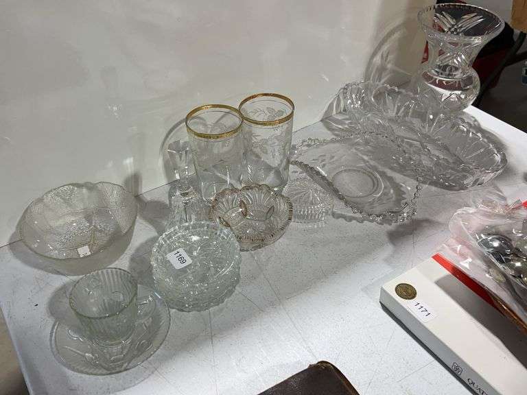 GROUP OF CUT GLASS COASTERS, VASE, SERVING DISHES, CUPS AND BELL ...