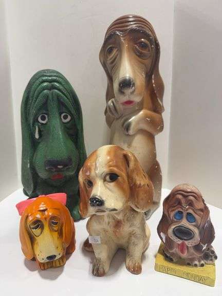 FIVE CHALKWARE DOG COIN BANKS - 6" TO 18" - Shackelton Auctions Inc.