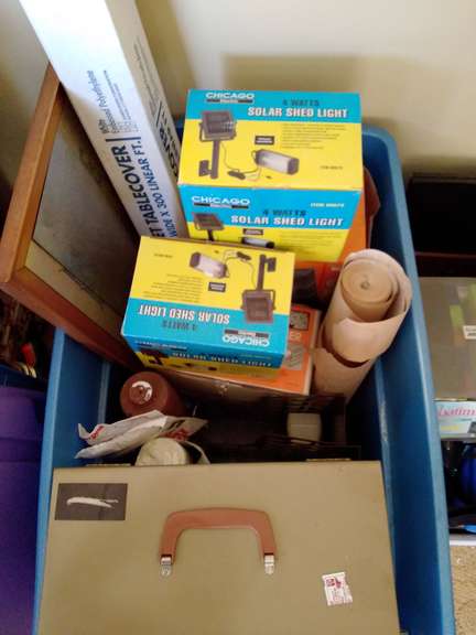 2 Solar Shed Lights, Cash Box, Table Cover, Brown Paper, and Paper ...