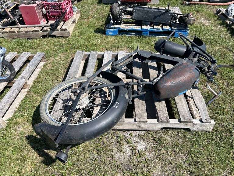 Vintage Motorcycle Frame w/ rear wheel - Wild Rose Auction Services