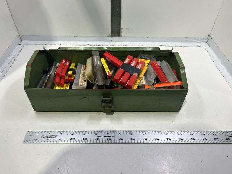 Assorted Hand Taps, Plug Taps in metal box - Wild Rose Auction Services