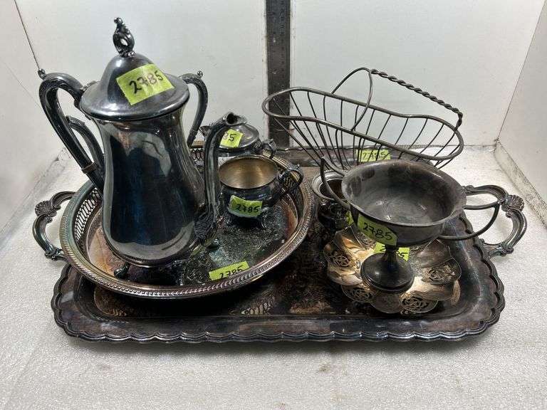 Vintage Trophy, 2 - Tea Pots, Cream & Sugar Basin w/ Tray Silver Plated ...