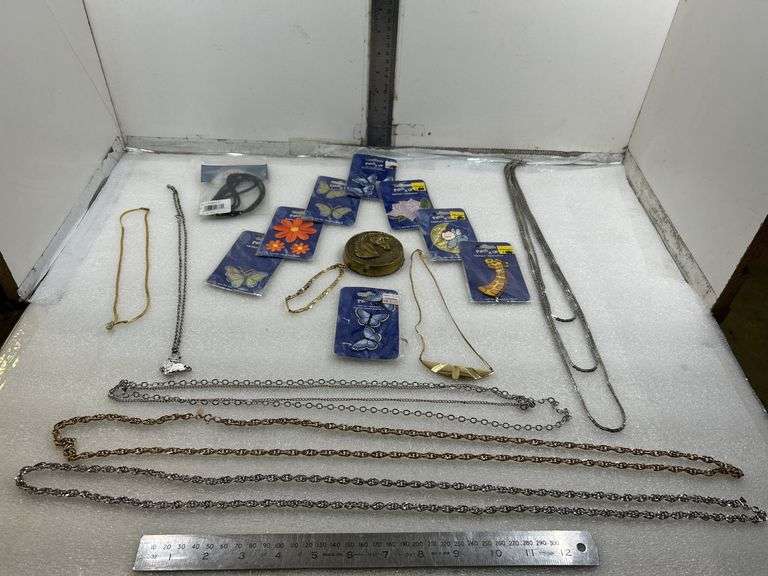 Box of Assorted Bracelets, Chains, Iron on Patches, Horse Paper Weight ...