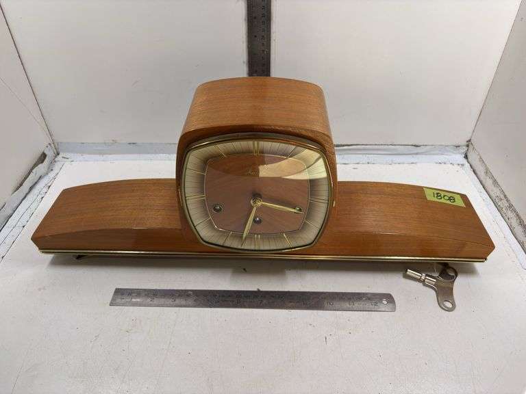Vintage Mauthe Wood Clock w/ wind up key approx 22" x 4 1/2" x 8 ...