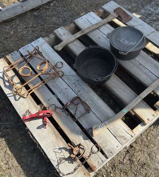 Pallet w/ 2 Axes, 2 Gopher Traps, Beaver Trap, 2 Cast Iron Cauldrons ...
