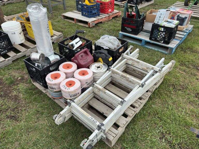 Pallet w/ Folding ladder, 4 rolls baler twine, tote of ducting ...