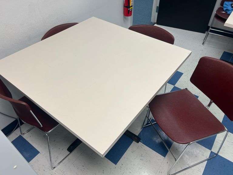 42" SQUARE FORMICA TOPPED TABLE APROX 30"H WITH BLACK METAL CENTER LEG ...