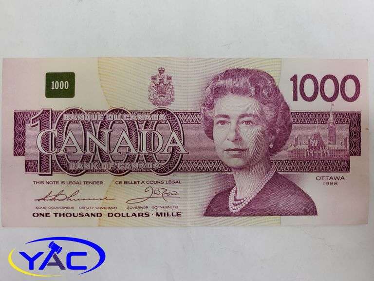 1988 $1000 Canadian Bill One Thousand Dollar Bill - YAC Auctions