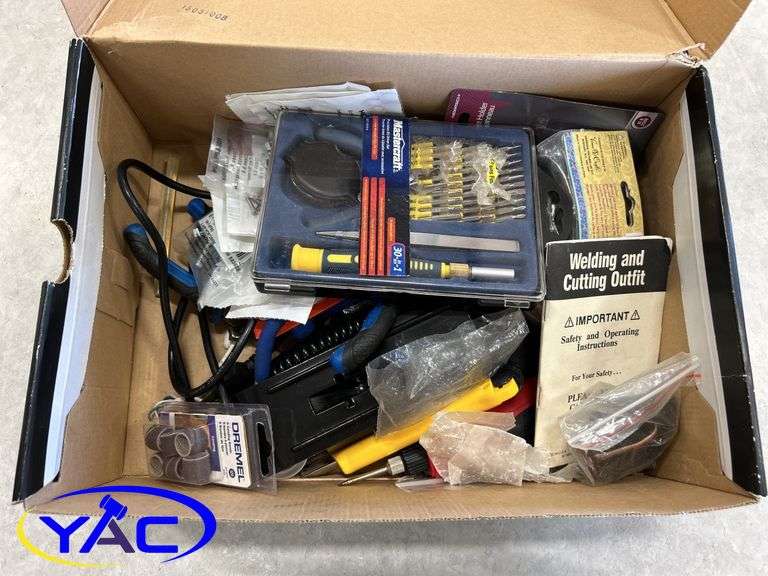 Assorted Tools / Shop Items In Yellow Box - YAC Auctions