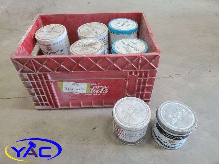 Plastic Box Of 13 Tobacco Tins With Assorted Fasteners - YAC Auctions