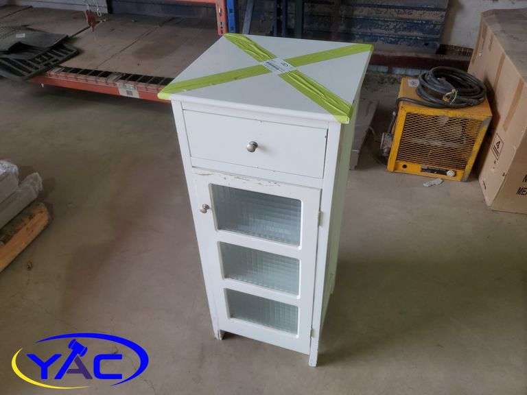 Small White End Table With Glass Door - YAC Auctions