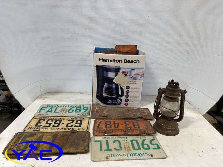 Box of Old License Plates / Lantern - YAC Auctions
