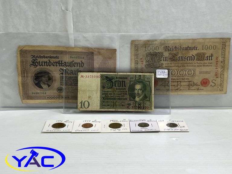1924 German 10 mark, 1910 German 1,000 Marks, 1923 German 100,000 Marks, German Coins - YAC Auctions