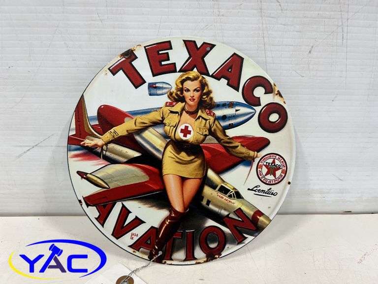 8" Metal Texaco Aviation Pin-Up-Girl Sign - YAC Auctions