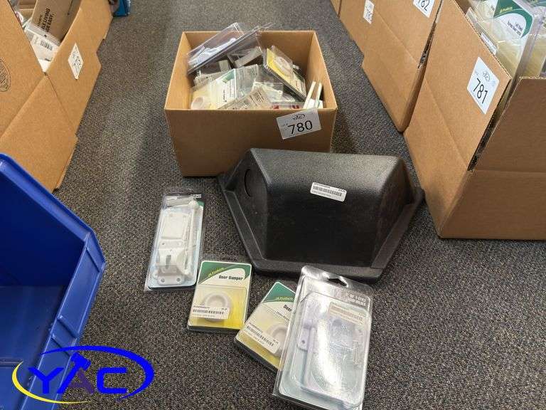 Box of Plastic Hooks, Door Bumper & Hardware - YAC Auctions