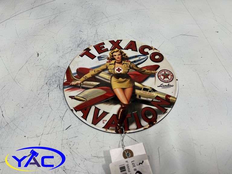 8" Metal Texaco Aviation Pin Up Girl Sign - YAC Auctions