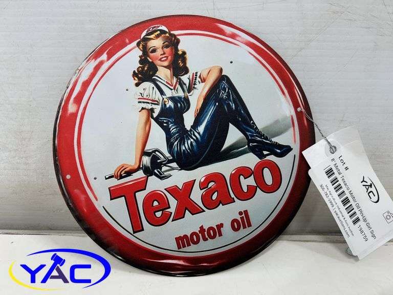 8" Metal Texaco Motor Oil Pin-Up Girl Sign - YAC Auctions