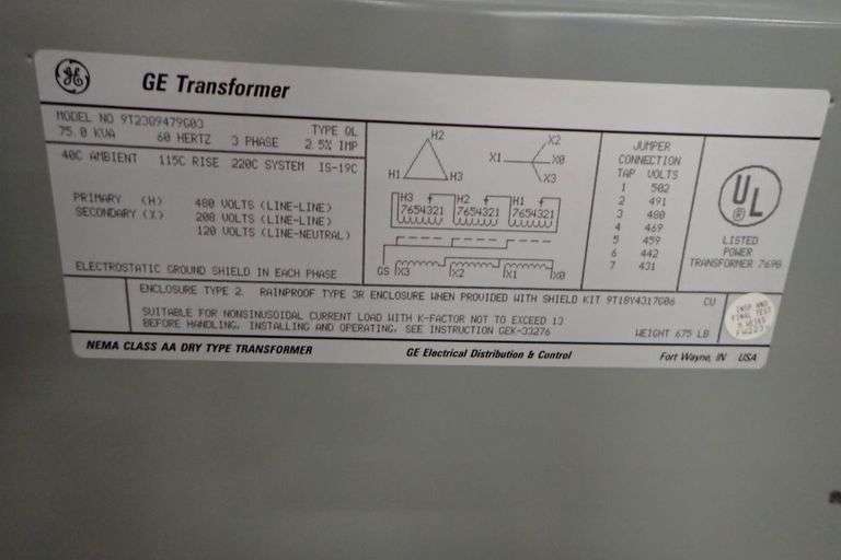 GE 75 KVA NEMA Class AA Dry Type Transformer - Yellow Tag Auctions