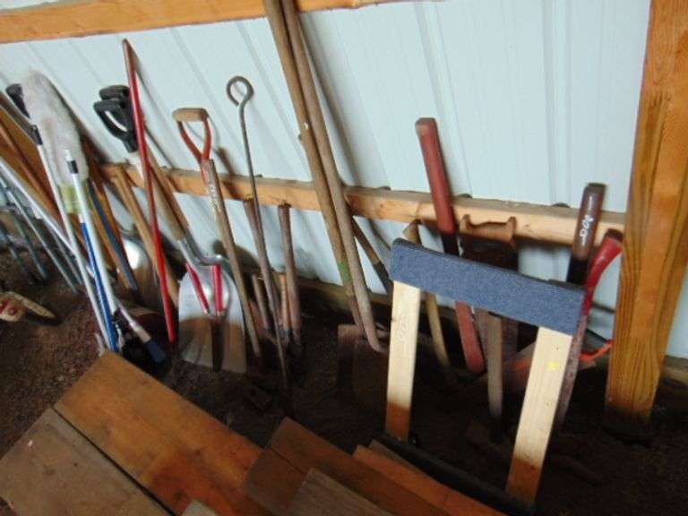 SHOVELS, AXES, FLAT CART, ASSORTED TOOLS, MOP, BROOMS, BASEBALL BAT ...