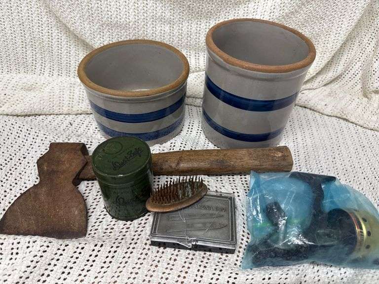 CROCK BOWLS, BELT BUCKLE, VINTAGE AX, REEL - Ziemer Hilbrands Auctions