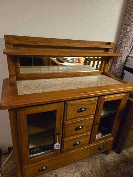 WOODEN BUFFET WITH TILE TOP & MIRROR - Ziemer Hilbrands Auctions